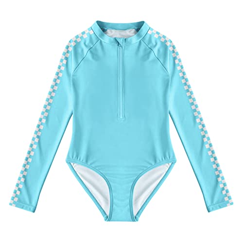 Girls One Piece Rash Guards Swimsuits Cute Plaid Long Sleeve Water ...