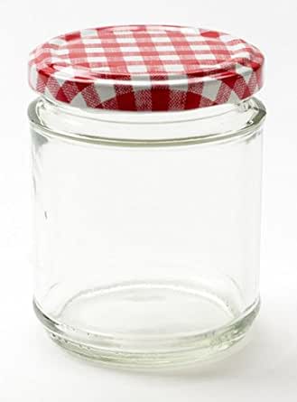 Amazon.com: 6 Round Glass Jam Jars + Red Gingham Lids: 190ml (7oz ...