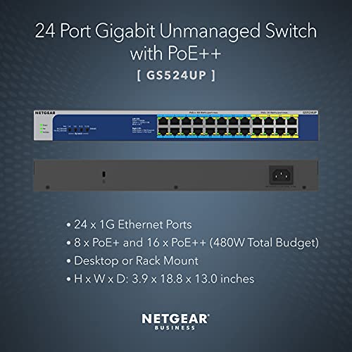 NETGEAR 24-Port Gigabit Ethernet Unmanaged PoE Switch (GS524UP) - with ...