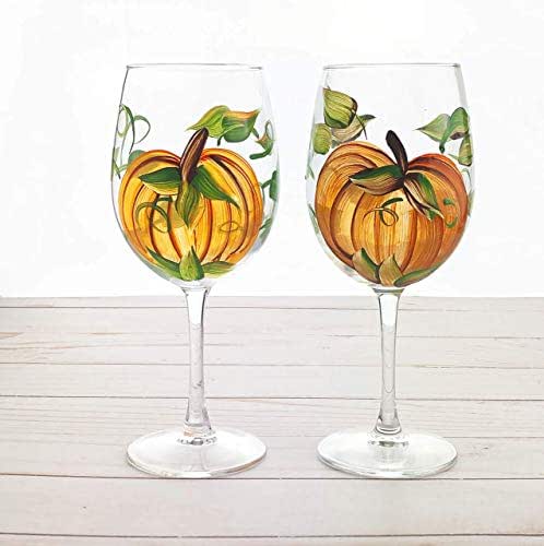 Amazon.com: Hand Painted Pumpkin Fall Thanksgiving Wine Glass | Set of ...