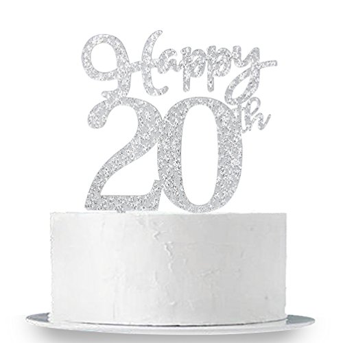 Happy 20th Cake Topper, Glitter Silver Acrylic Happy 20th Birthday Cake ...