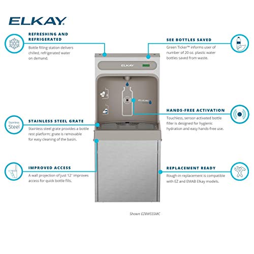 Elkay EZ8WSSSMC EZH2O Refrigerated Surface Mount Bottle Filling Station, Non-Filtered, 8GPH ...