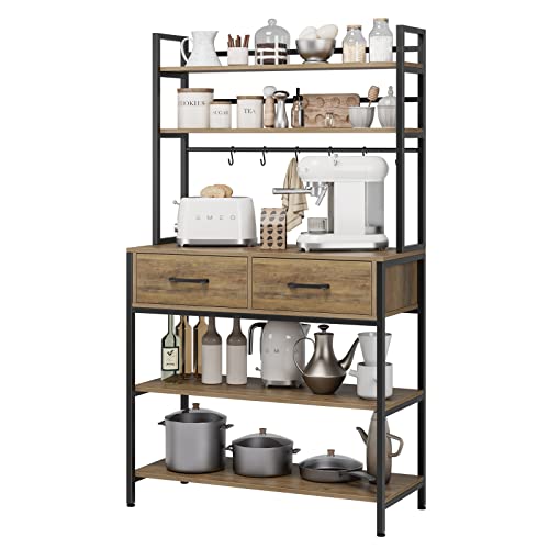 HITHOS Industrial 5-Tier Kitchen Bakers Rack with 2 Drawers, Microwave ...