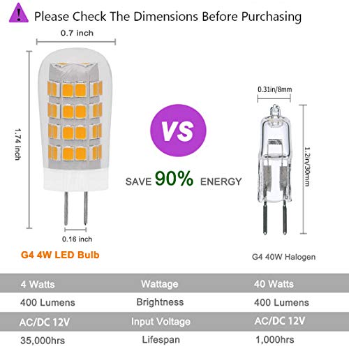 LeMeng G4 LED Bulb 4W 2700K Warm White bi-pin T3 JC Type 12VAC/DC 20-35W Halogen Equivalent for ...