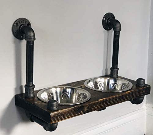 Amazon.com: Medium 2 Bowl Floating Wood Elevated Wall Mounted Dog Bowl ...