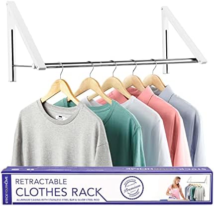 Double Foldable Clothing Rack w/Extension Rod, Wall-Mounted Retractable ...