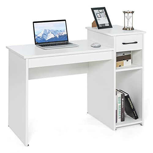 Tangkula White Desk with Storage Drawer & Shelves, Compact Desk for ...