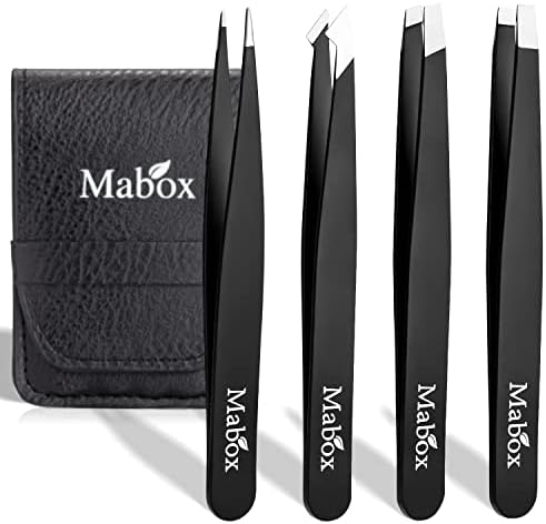 Mabox Professional Tweezer Set with Case - 4 Pieces Slanted and Pointed ...