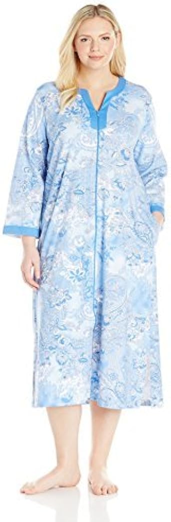 Miss Elaine Women's Plus Size Interlock Knit Long Robe, Large Blue/Navy ...