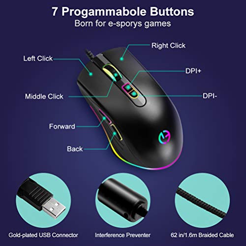 Wired Mouse,USB Wired Computer Mouse with RGB Backlit LED, 6 Adjustable ...