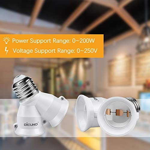 DiCUNO 2 in 1 E26 Socket Splitter Adapter, Two E26 Standard Medium Base Bulbs in One Socket Y ...