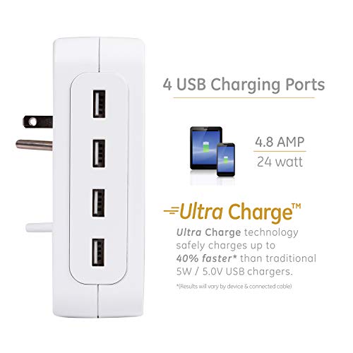 GE UltraPro 3-Outlet Extender with 4 USB Ports, Surge Protector, Side ...