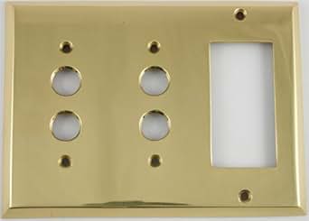 Polished Brass Three Gang Wall Plate - Two Push Button Light Switch One ...