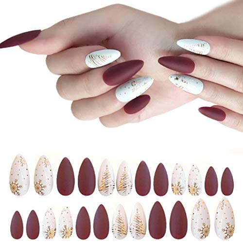 Outyua Red Christmas Fake Nails Long Stiletto Christmas tree Snowflake ...