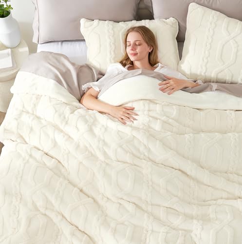 Cozy Bliss Fluffy Queen Size Comforter Set Cream, Jacquard Boho Texture ...