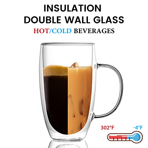 ZONEYILA Double Wall Glass Coffee Mugs Set with Handle, 15oz Tea Cups ...