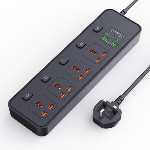 Power Extension, 2m Black Durable Extension Cord with 4 AC Outlets, 5 ...