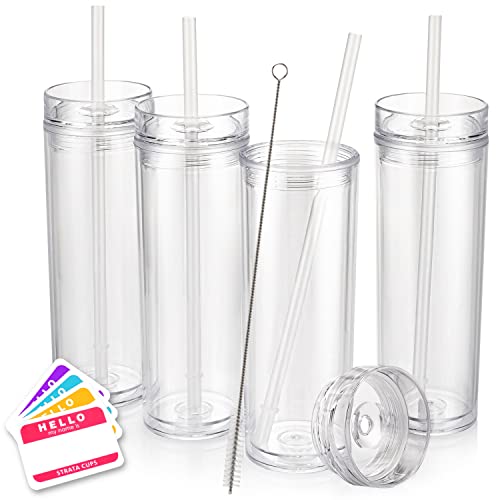 STRATA CUPS Skinny Acrylic Clear Tumblers with Lid and Straw 4 Pack ...