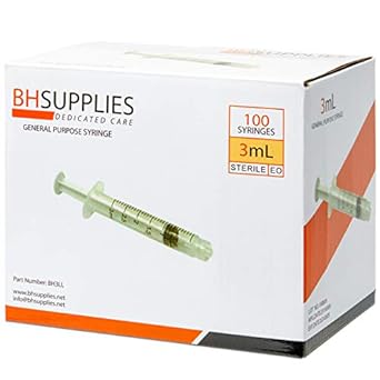 3ml Syringe Sterile with Luer Lock Tip - 100 Syringes by BH Supplies (No needle) Individually ...