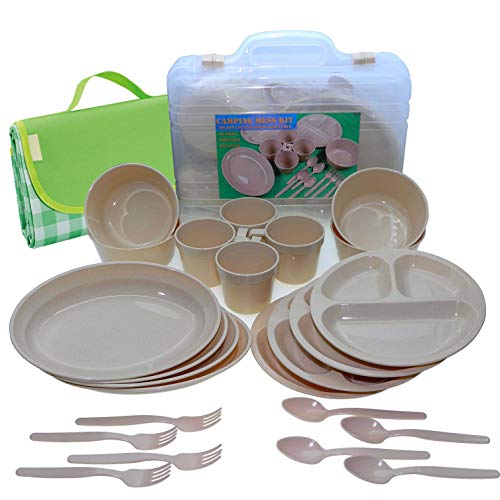 Camping Dishes Set with Carrying Case and Large Picnic Blanket,26 ...