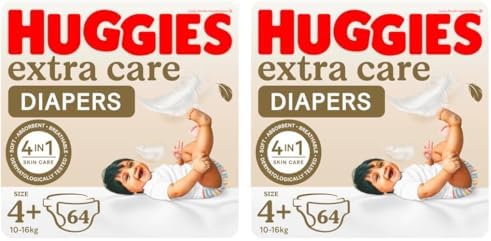 Huggies Extra Care, Size 4+, 10-16 kg, Jumbo Pack, 64 Diapers (Pack of ...