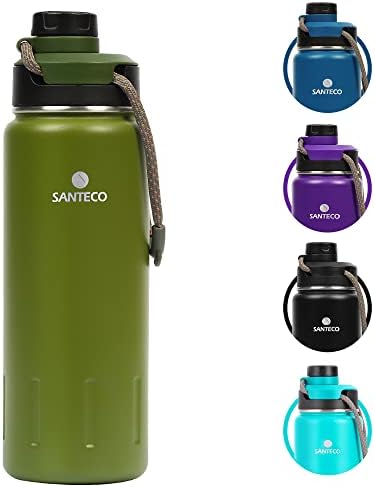 Insulated Water Bottles 24 oz, Santeco Stainless Steel Thermos with Lanyard & Wide Mouth Spout ...