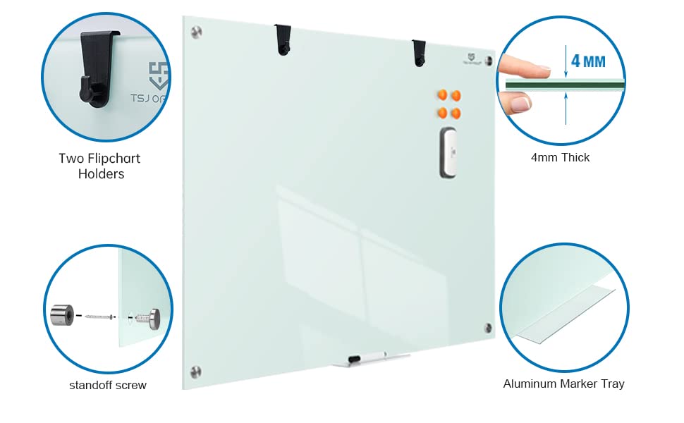 Magnetic Glass Dry Erase Board - 48 x 32 Inches Wall Mounted Glass Whiteboard, Large Frameless ...