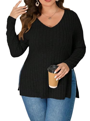 WDIRARA Women's Plus Size Ribbed Knit T-Shirt with Slit Hem V Neck Long ...