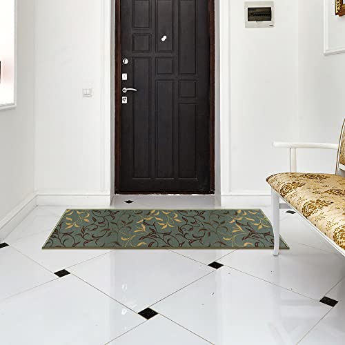 Machine Washable Leaves Design Non-Slip Rubberback 2x5 Traditional ...