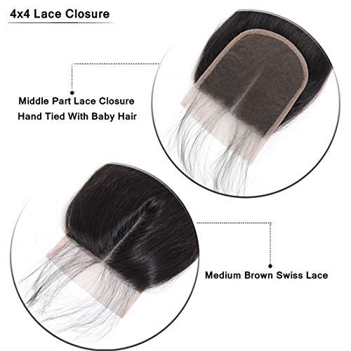 4X4 Middle T Part Lace Closure Straight Brazilian 10A Virgin Human Hair ...