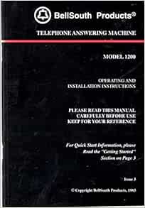 BellSouth Products Telephone Answering Machine Model 1200 Operating and ...