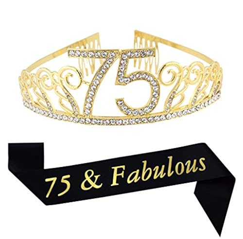 75th Birthday Gold Tiara and Sash Glitter Satin Sash and Crystal ...