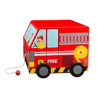 Wooden Pull Along Toy Box - Solid Wood Wagon Fire Truck (12X16X13 ...