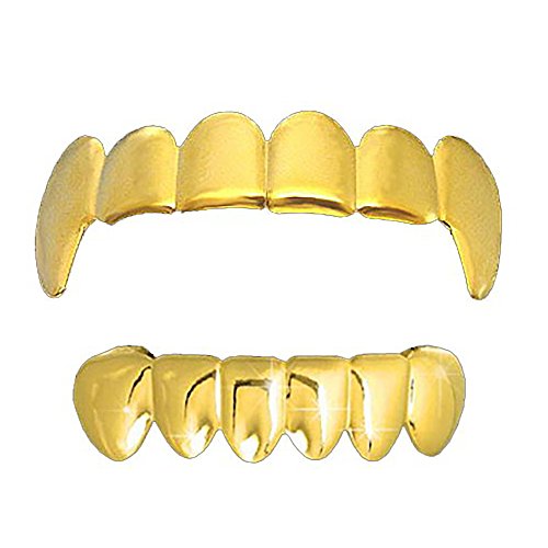 Gold-Tone Hip Hop Bling Plain Vampire Fangs Top and Bottom Row Grillz ...