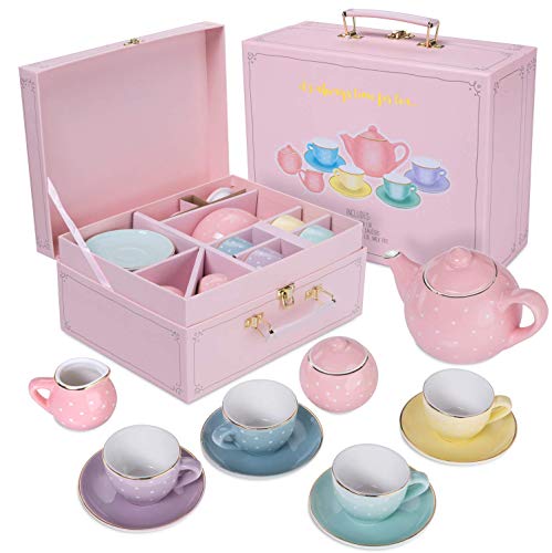Jewelkeeper Porcelain Tea Set for Little Girls, Pastel Polka Dot, 13 ...