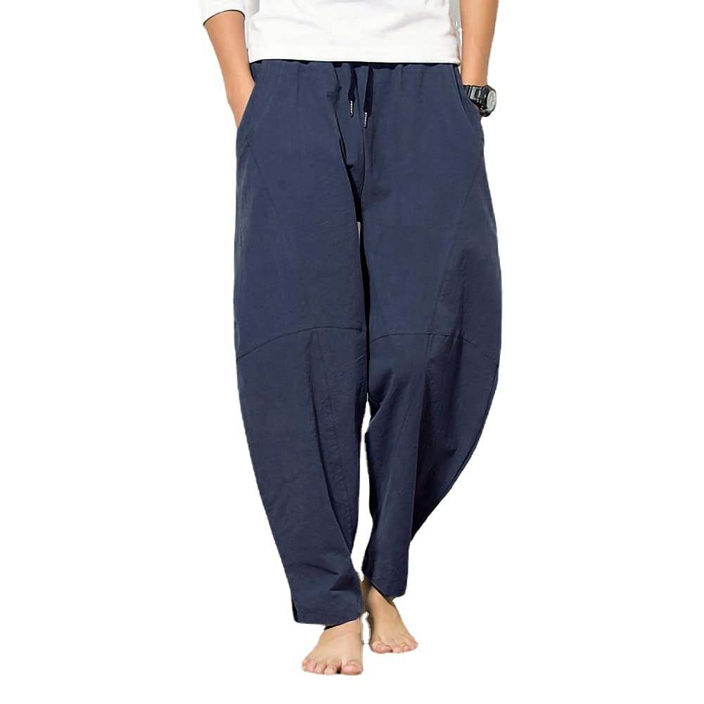 WZIKAI Mens Cotton Linen Pants,Elastic Waist Loose Fit Drawstring ...