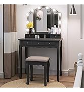 Amazon.com: Tiptiper Vanity Table Set with Lighted Tri-Folding Mirror & Cushion Stool, Makeup ...