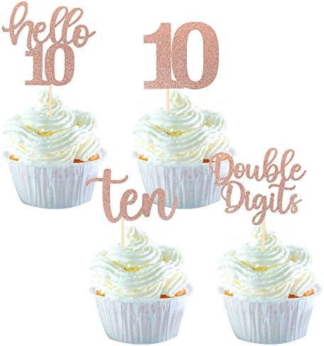 36 Pack 10th Birthday Cupcake Toppers Rose Gold Glitter Hello 10 Ten ...