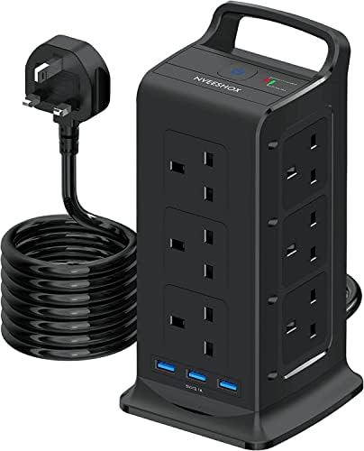 Tower Extension Lead Surge Protection (13A 2990W) with 3 USB Slots,12 ...