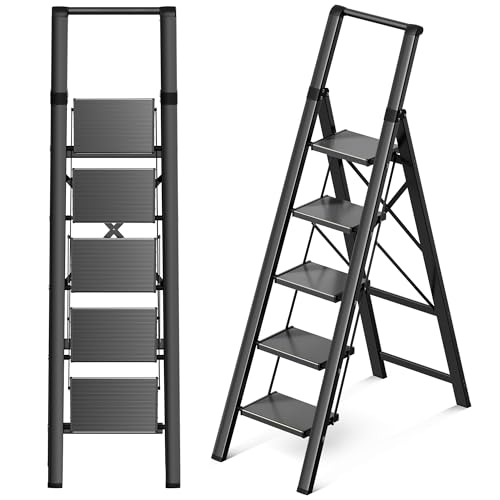 GameGem 5 Step Ladder, Aluminum Folding Step Stool with Anti-Slip and ...