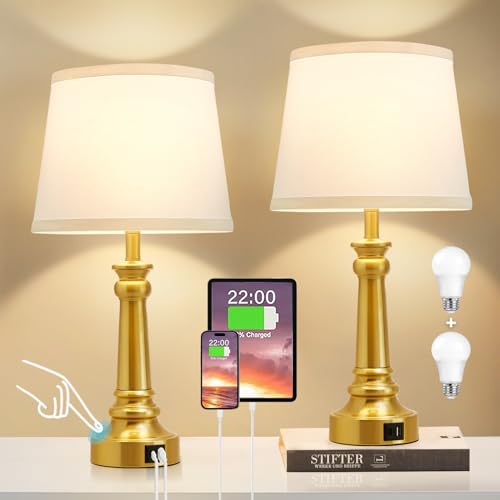 GyroVu Touch Table Lamp for Bedroom Set of 2 with USB C+A Ports, 3-Way ...