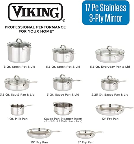 Viking Culinary 3-Ply Stainless Steel Cookware Set, 17 piece, Includes ...