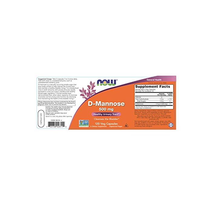 NOW Foods Supplements, D-Mannose 500 mg, Non-GMO Project Verified, Healthy Urinary Tract, 120 ...