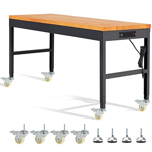AHB 60" Rolling Workbench Adjustable Height, Oak Wood Work Table with ...
