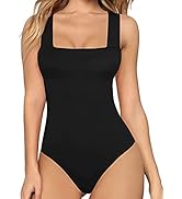 Amazon.com: MANGOPOP Women's Square Neck Short Sleeve Long Sleeve Tops Bodysuit Jumpsuit ...