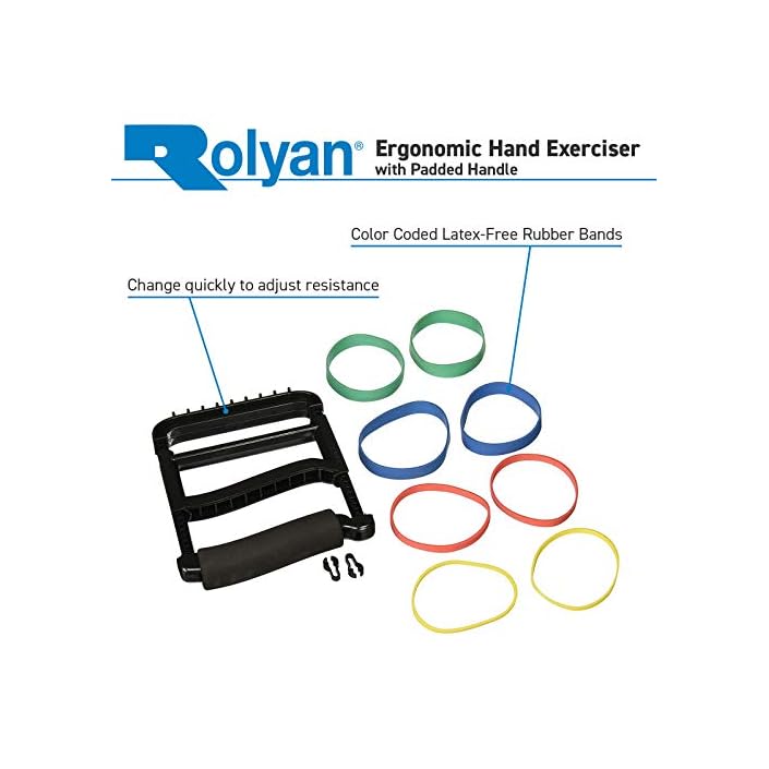 Rolyan Ergonomic Hand Exerciser with Padded Handle, Adjustable Squeeze Tool, 4 Pairs of Rubber ...