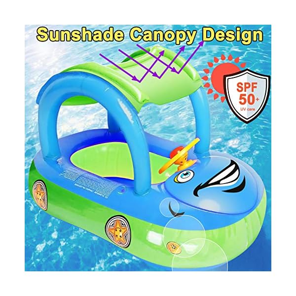 iGeeKid Baby Pool Float with Canopy, Car Shaped Inflatable Swim Float ...