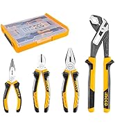 INGCO 3Pcs High Leverage Pliers Set, 8" Combination Pliers and 7" Diagonal Cutting Pliers and 6 ...