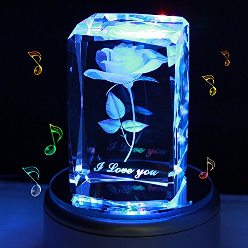 LIWUYOU Crystal Music Box 3D Rose Flower Colorful LED Light Rotating ...