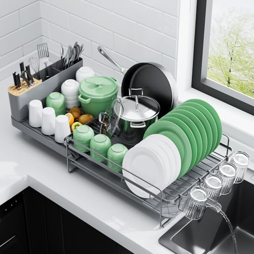 Kitsure Extendable Dish Rack, Large Drying Dish Rack with Cutlery & Cup ...